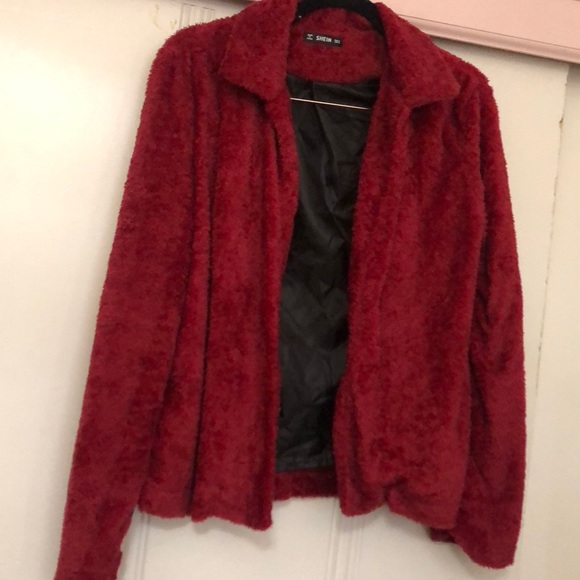 SHEIN | Jackets & Coats | Red Collared Fuzzy Coat With Inside Black ...